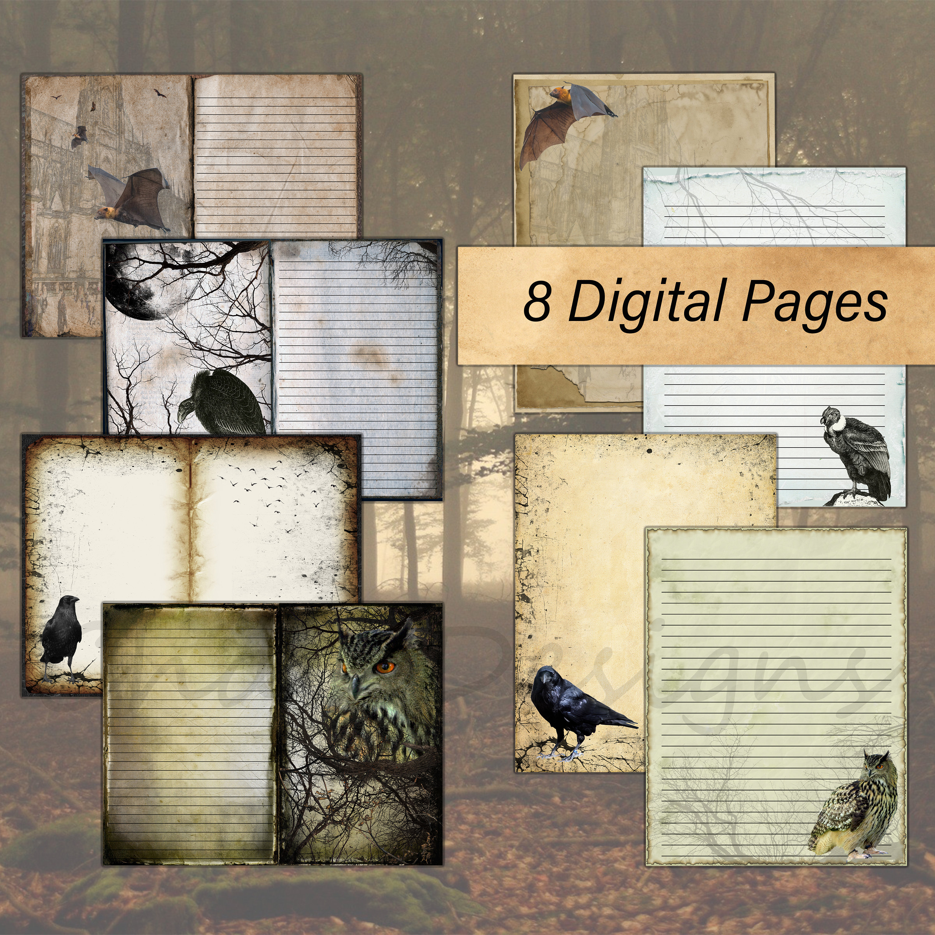 Owl, Raven, Bat, Buzzard, Set of 8 Dark Birds Digital Stationery and ...