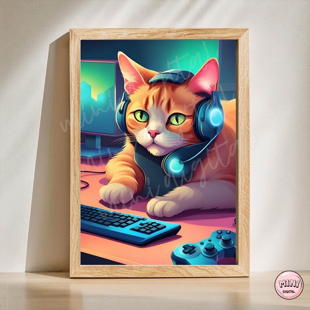 Printable Wall Art, Gamer Cat Digital Painting, Gamer Room Decor, Gamer ...
