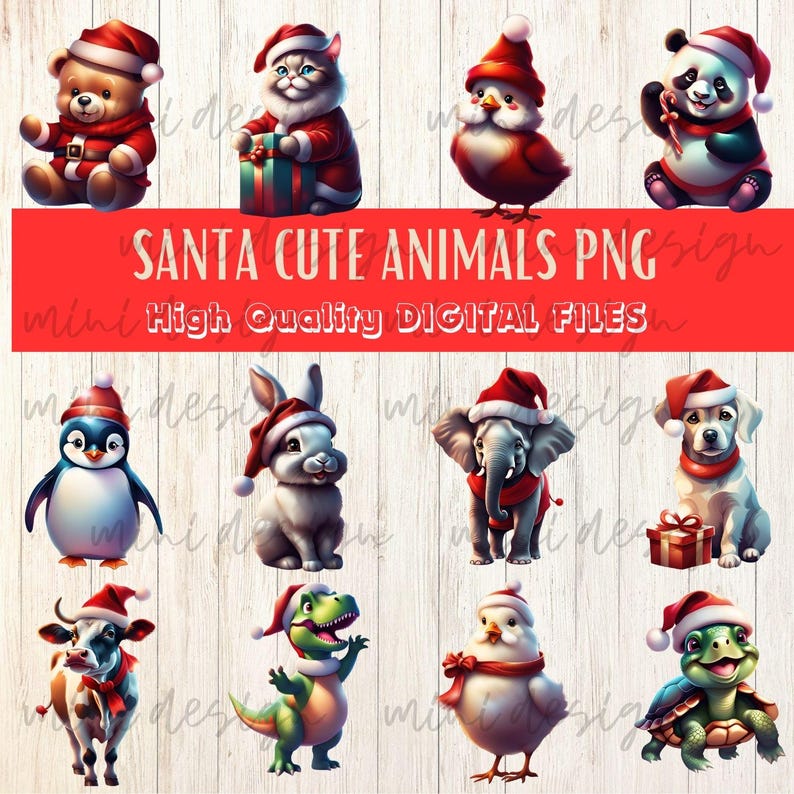 12 Santa Animals PNG, Cute Animals PNG, Merry Christmas PNG, Digital ...