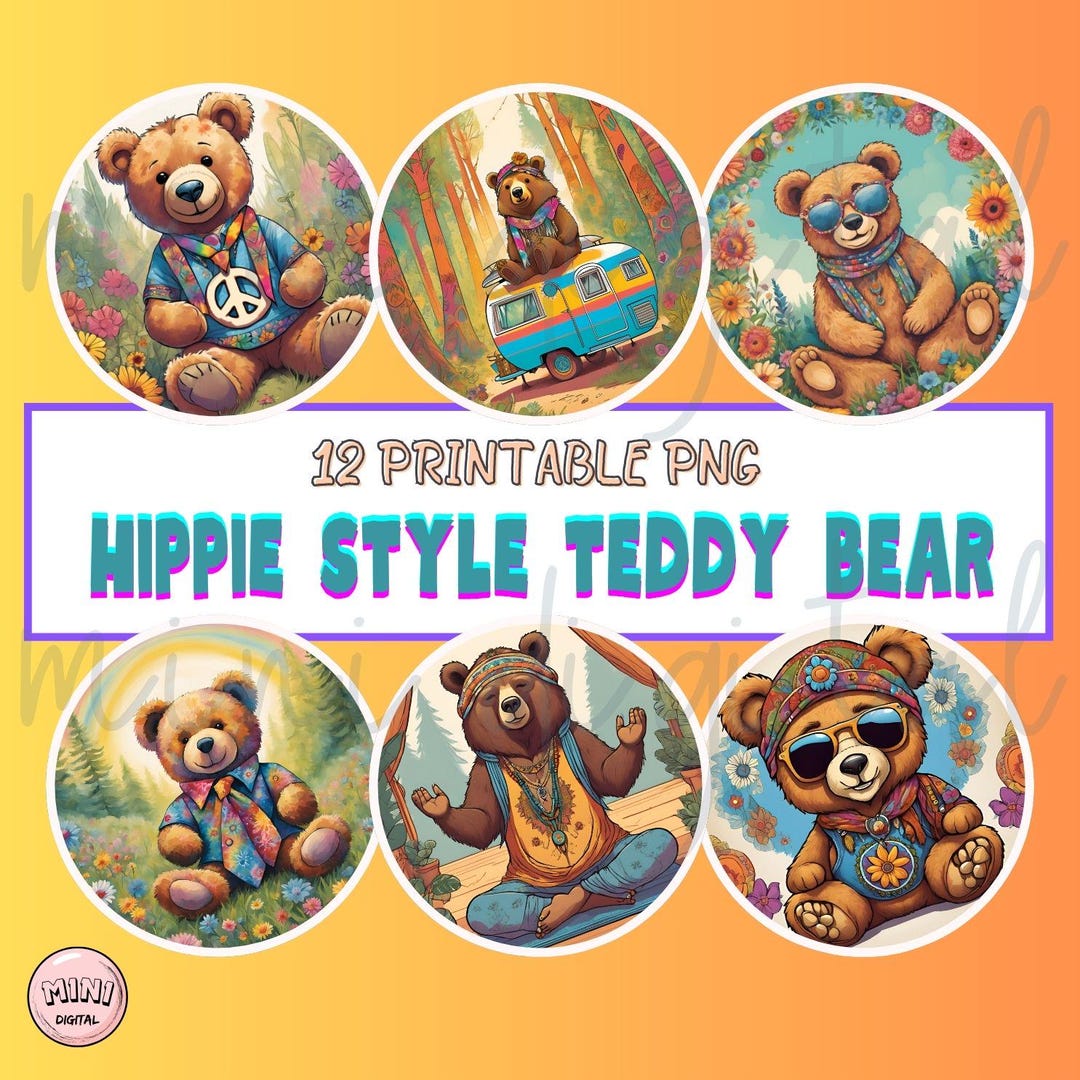 Teddy Bear Sticker, Hippie Teddy Bear Digital PNG Stickers, Digital ...
