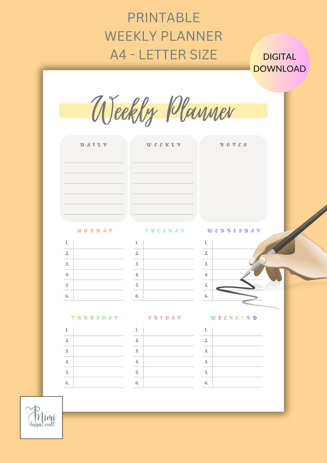 Simple Weekly Planner Printable Weekly Schedule Template - Etsy