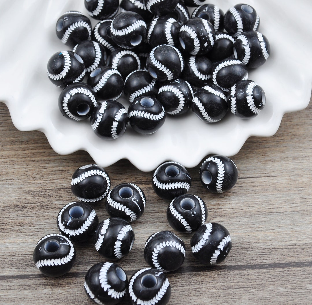 50 Baseball Acrylic Beads,softball Beads,round Bead,black White ...