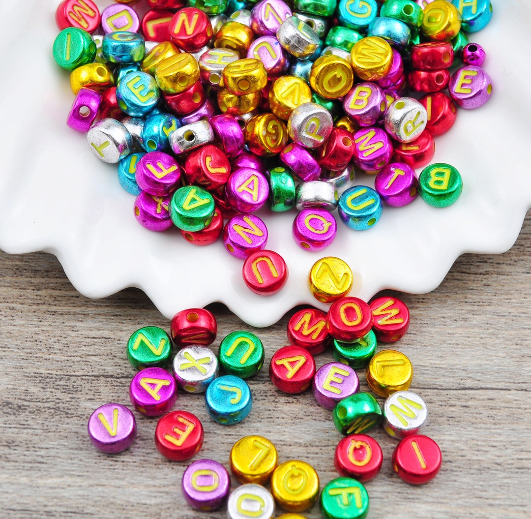 300 Metallic Colorful Alphabet Letter Beads，7mm Alphabet Round Acrylic ...