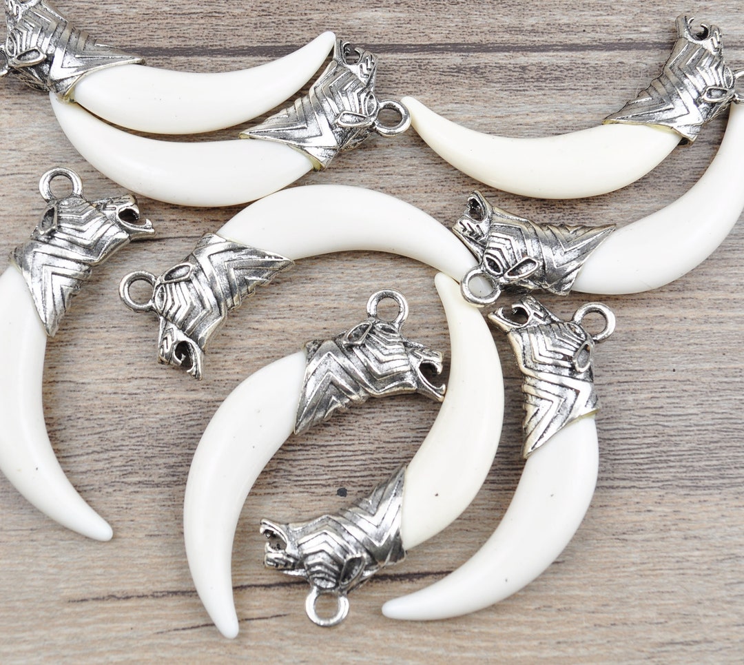 1-10 Antique Silver Color Samll Leopard Head Resin Tooth,acrylic Ivory ...