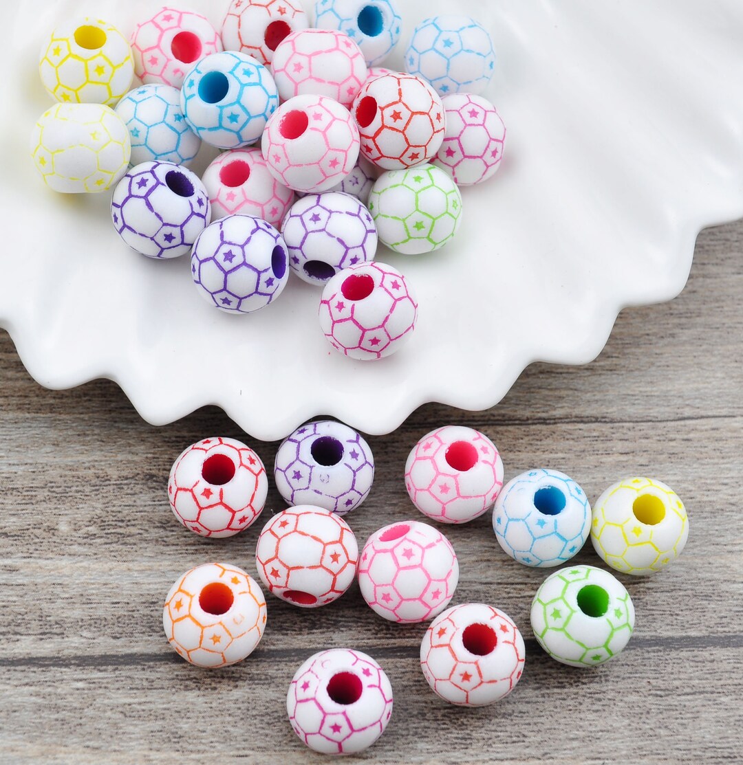 50 Soccer Ball Acrylic Beads,soccer Beads,round Bead,colorful Soccer ...