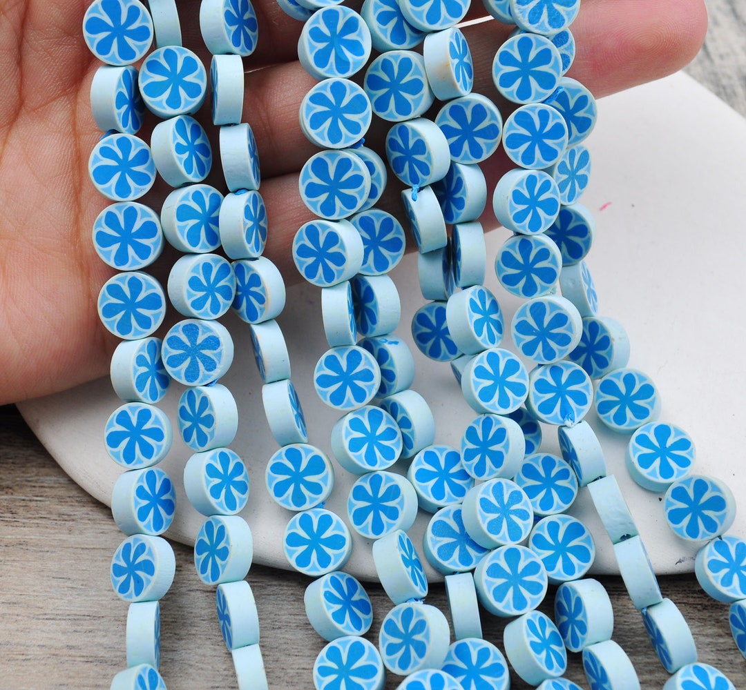 1 Strand（40pcs） 10mm Flower Round Polymer Clay Beads,light Blue Clay ...