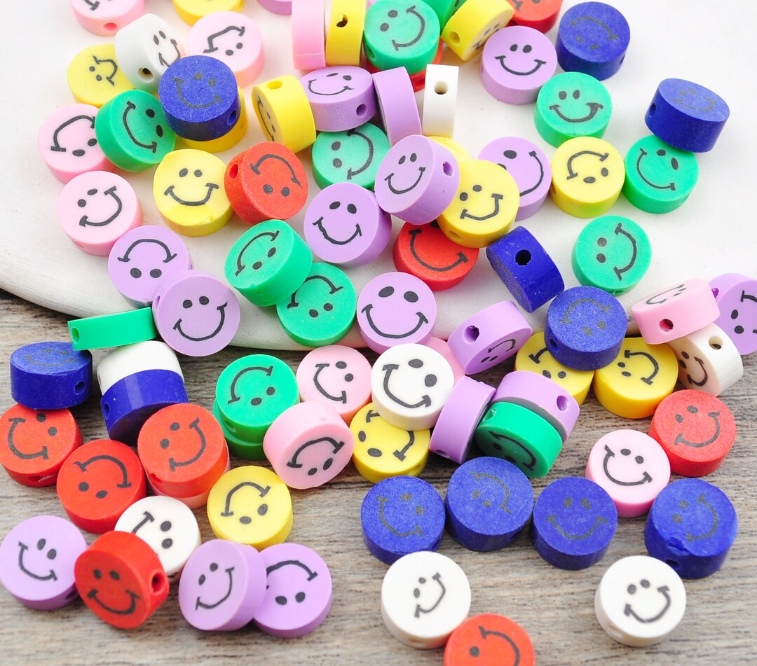 100pcs 10mm Round Smiling Face Polymer Clay Beads,colored Clay Beads ...