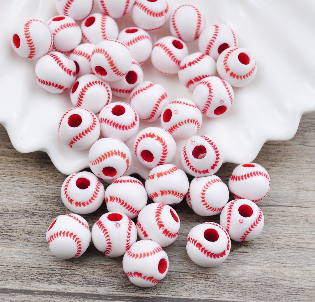 50 Baseball Acrylic Beads,softball Beads,round Bead,white Red Baseball ...