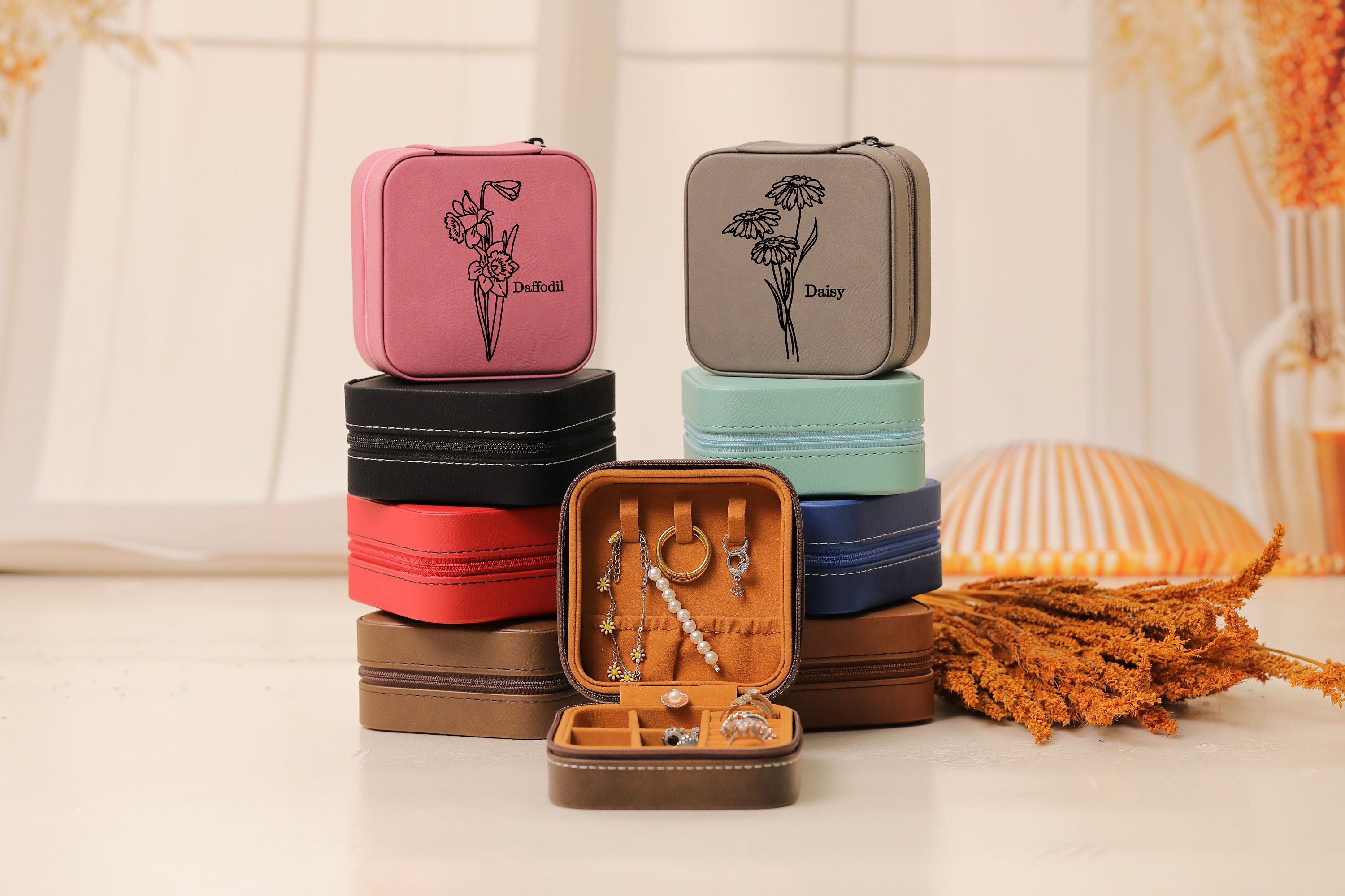 Travel Jewelry Box, Birth Flower Jewelry Travel Case, Leather Jewelry Organizer, Custom Travel ...