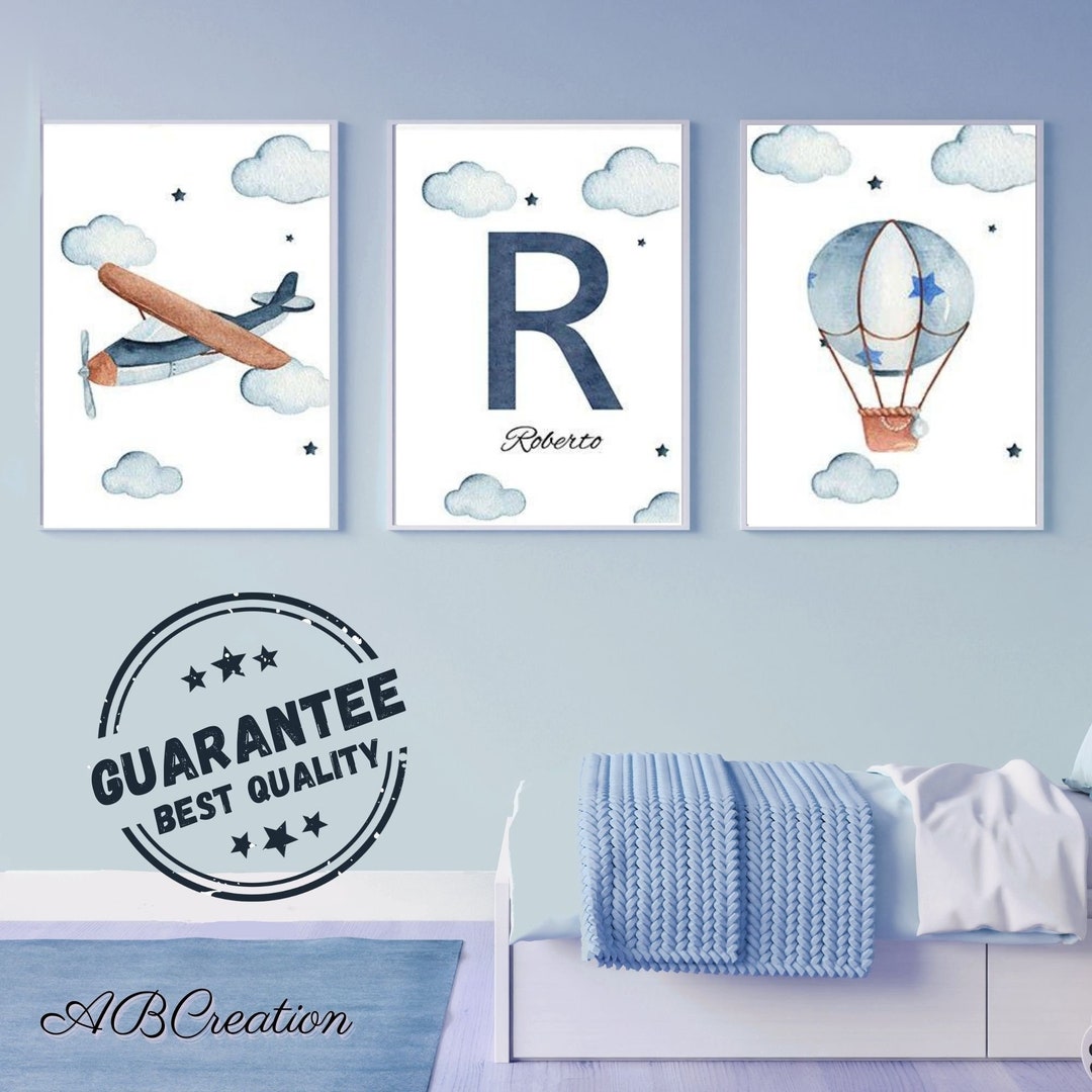 Set of 3 Airplanes Cloud and Personalized First Name Posters Birth Gift ...