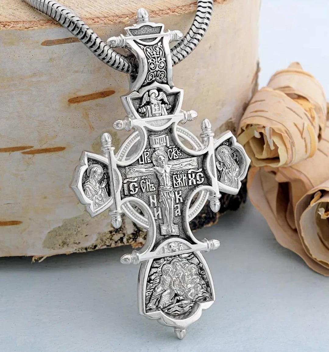 Men Eastern Orthodox Big Body Prayer Cross Silver 925 Mother of God ...