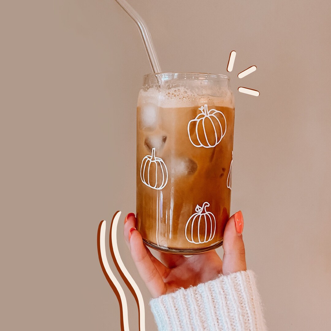 Pumpkin Glass Cup, Fall Glass Cup, Iced Coffee Glass Cup, Fall Decor ...