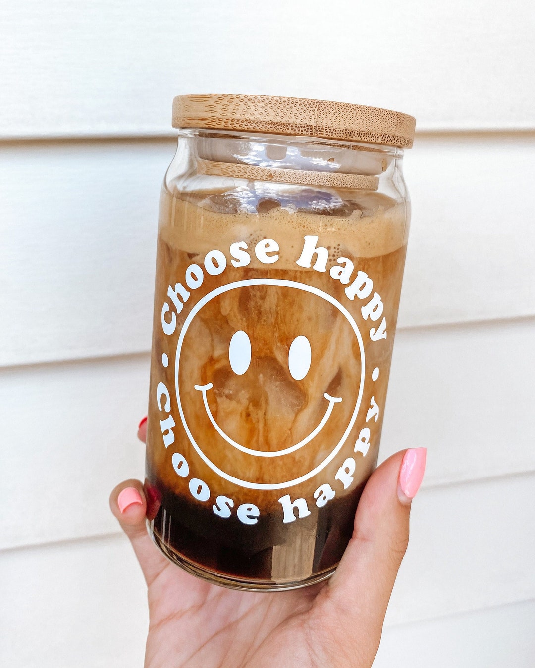 Smiley Face Glass Cup| Iced Coffee Glass| Trendy Smiley Face| Lid - Etsy