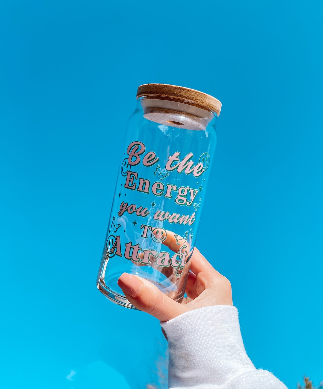 Be the Energy Glass Cup, Iced Coffee Glass Cup, Positive Quote Glass ...