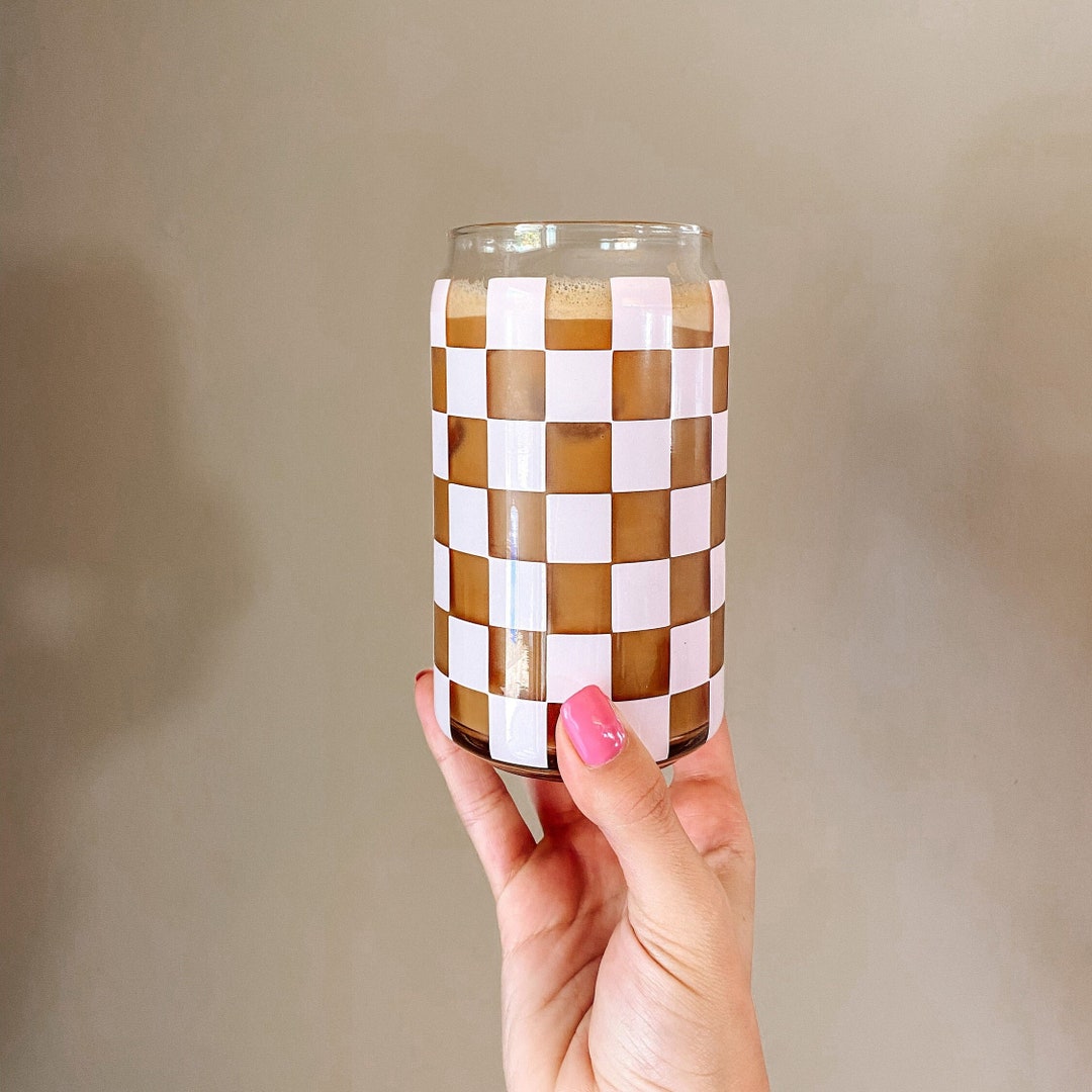 Checked Glass Cup, Iced Coffee Glass Cup, Holiday Gift Ideas, Trendy ...