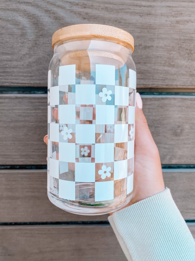 Retro Checkered Glass Cup Iced Coffee Glass Cup Retro - Etsy