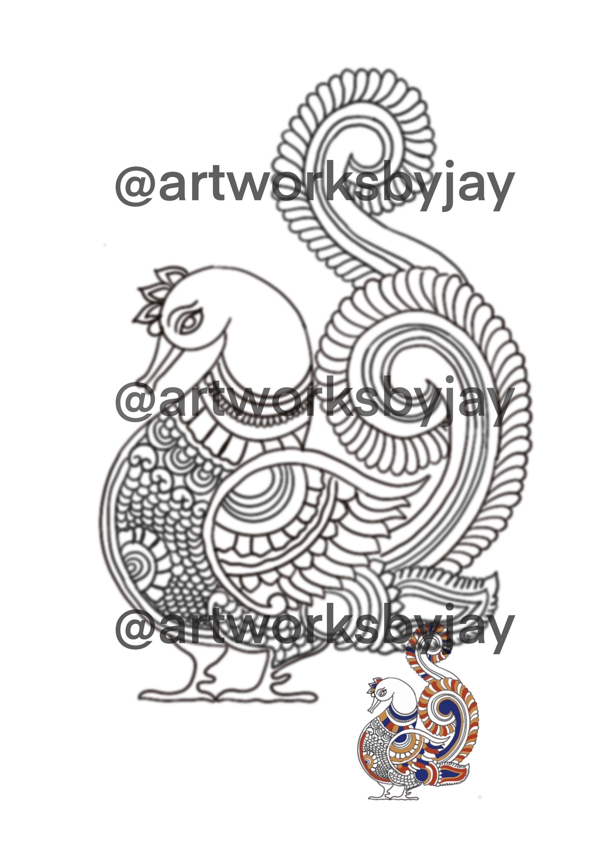 Hand-drawn Madhubani , Pattachitra , Kerala Mural ,peacock Outline ...