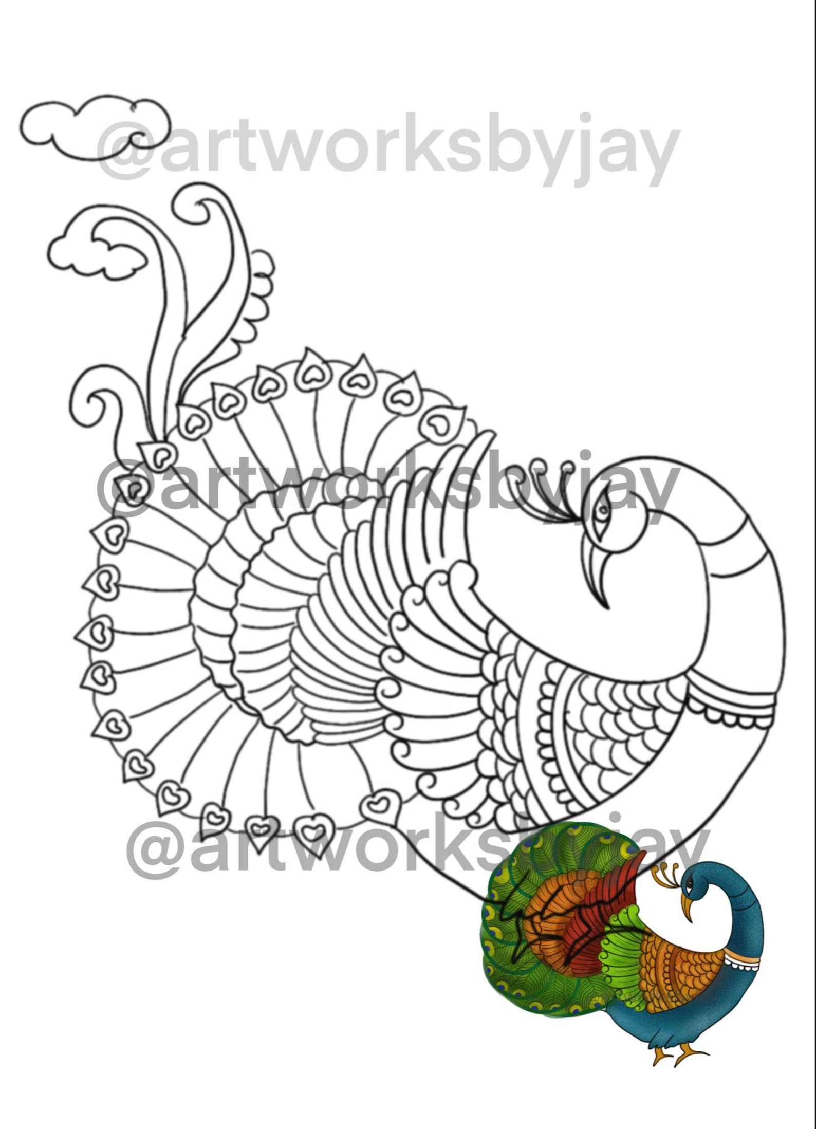 Hand-drawn Madhubani , Pattachitra , Kerala Mural ,peacock Outline ...