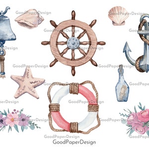 Watercolor Nautical Clipart PNG, Watercolor Floral Anchor, Bell ...