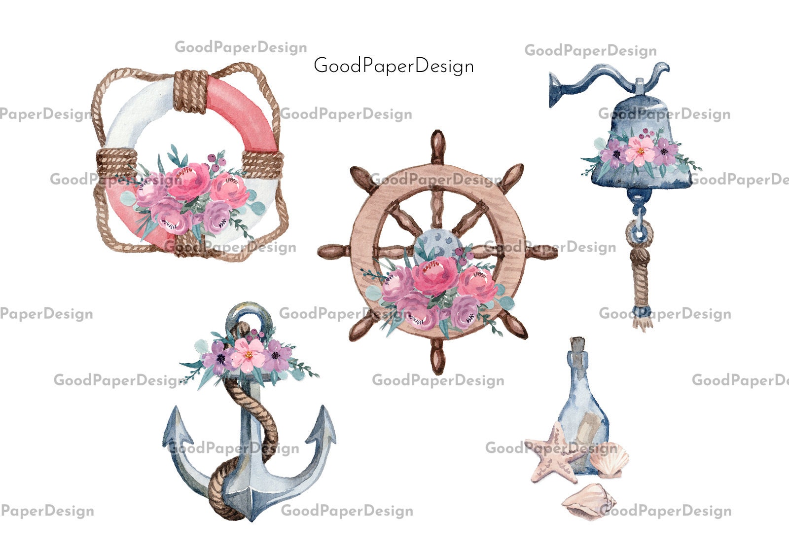 Watercolor Nautical Clipart PNG, Watercolor Floral Anchor, Bell ...