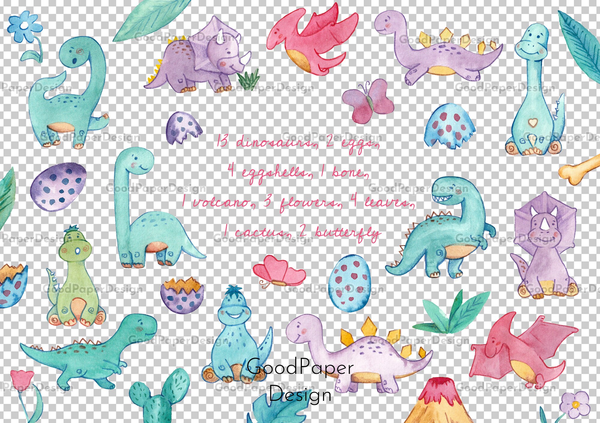 Baby Dinosaurs Watercolor Clipart. Hand Painted Cute Dinosaurs Clip Art ...