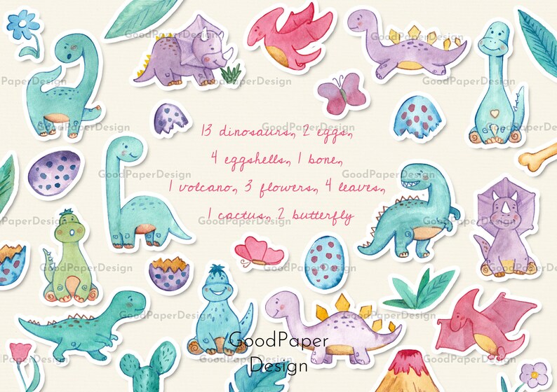 Baby Dinosaurs Watercolor Clipart. Hand Painted Cute Dinosaurs Clip Art ...