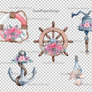 Watercolor Nautical Clipart PNG, Watercolor Floral Anchor, Bell ...