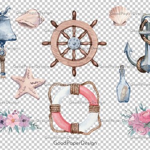Watercolor Nautical Clipart PNG, Watercolor Floral Anchor, Bell ...