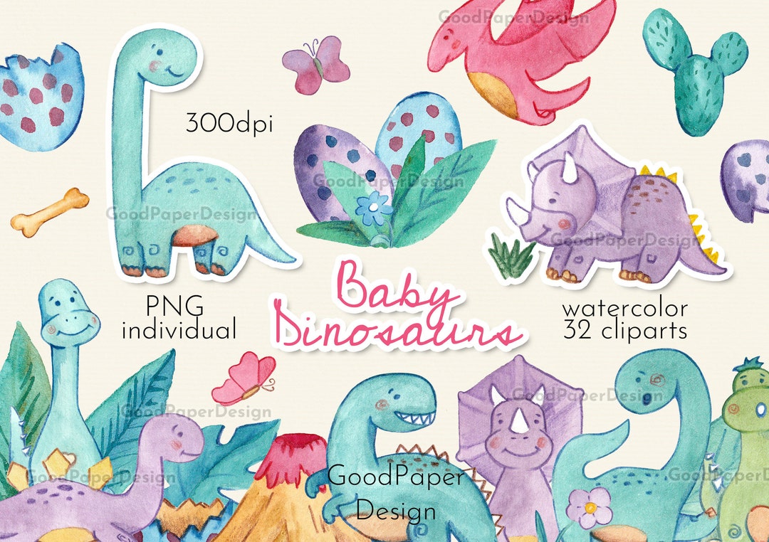 Baby Dinosaurs Watercolor Clipart. Hand Painted Cute Dinosaurs Clip Art ...