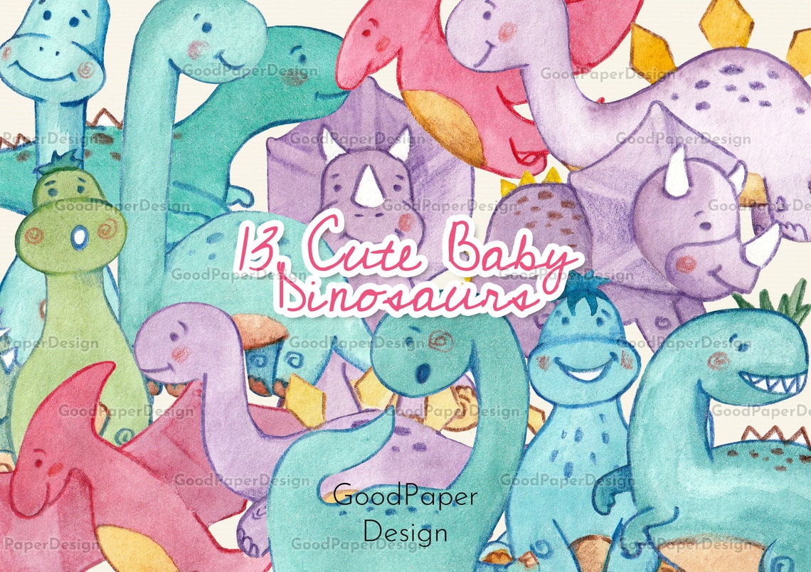 Baby Dinosaurs Watercolor Clipart. Hand Painted Cute Dinosaurs - Etsy