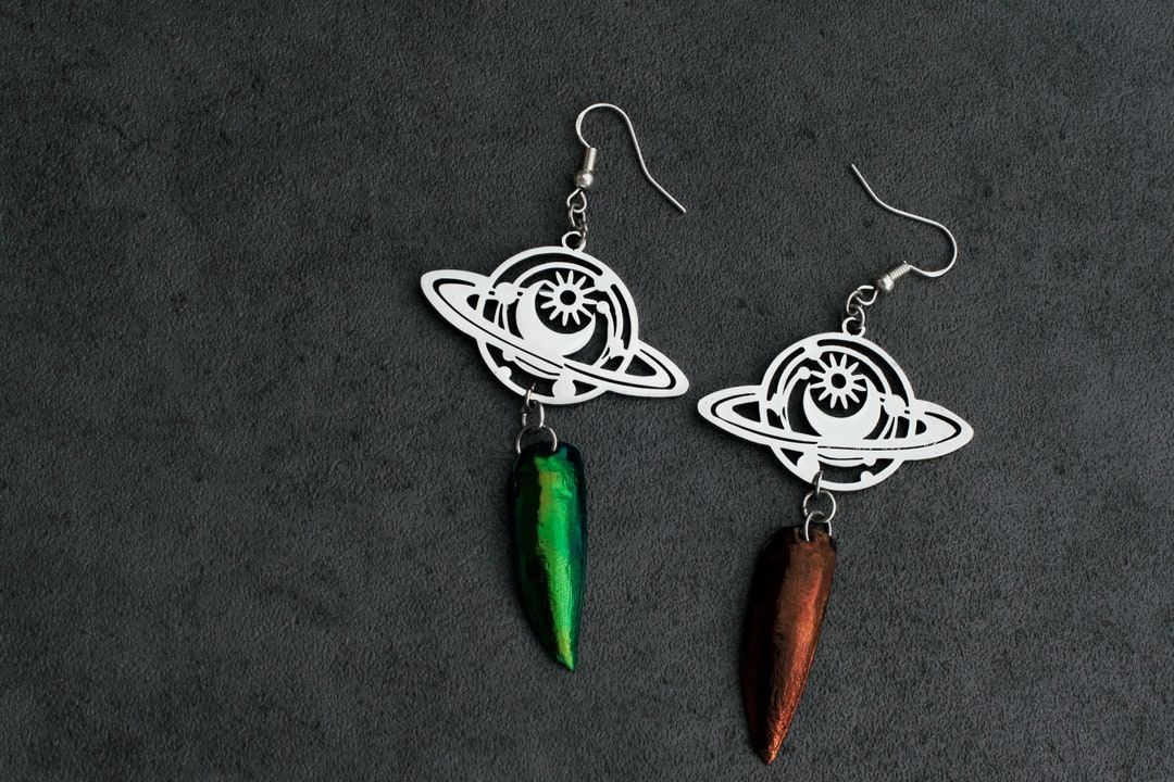 Real Elytra Beetle Wing and Space Ship Handmade Earrings Hypoallergenic ...