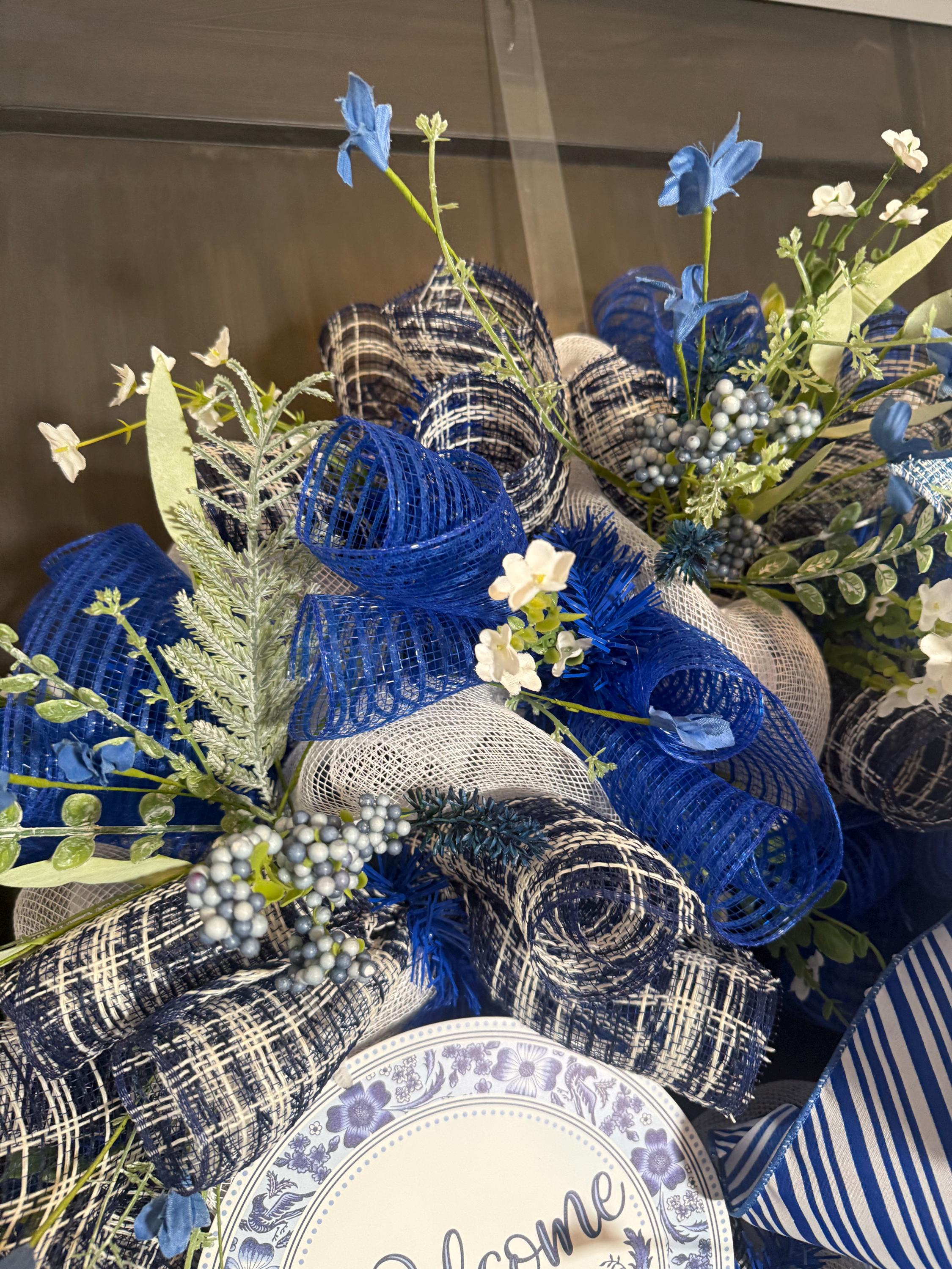 Handmade Blue and White Floral Welcome Wreath, 27-inch Door Decor With ...