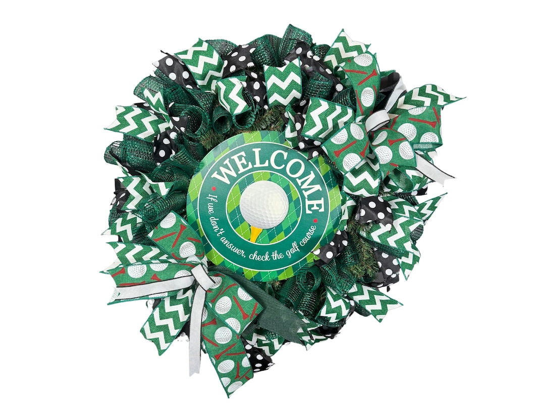 Golf-themed Welcome Wreath – Green Deco Mesh Door Decor With Golf Ball ...