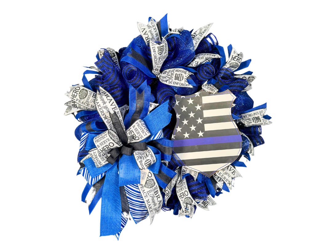 Police Hero Badge Wreath - Peacekeeper Blue Ribbon & Flag, Patriotic ...