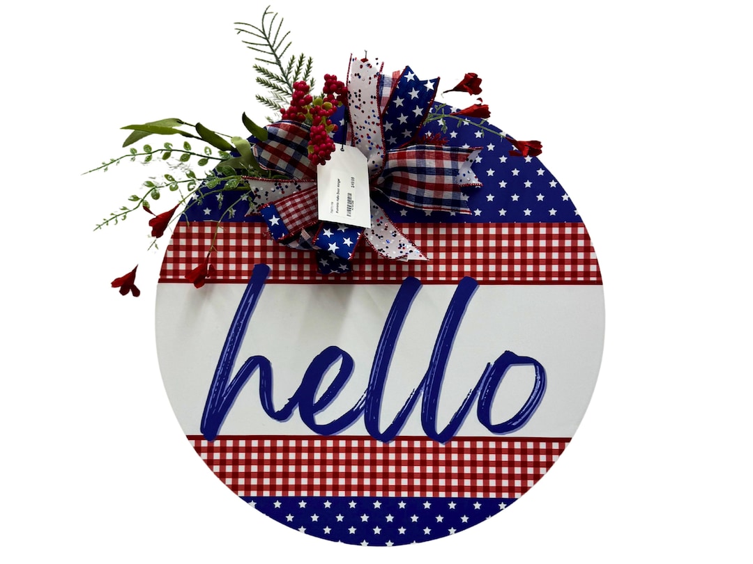 18-inch Patriotic Hello Door Sign, UV Printed Birch Door Hanger With ...