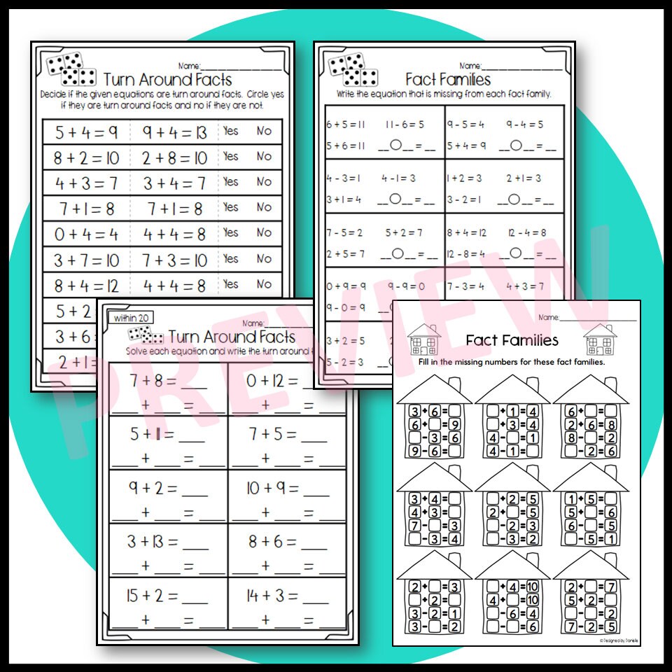 Turn Around Fact and Fact Family Worksheets: First and Second Grade ...