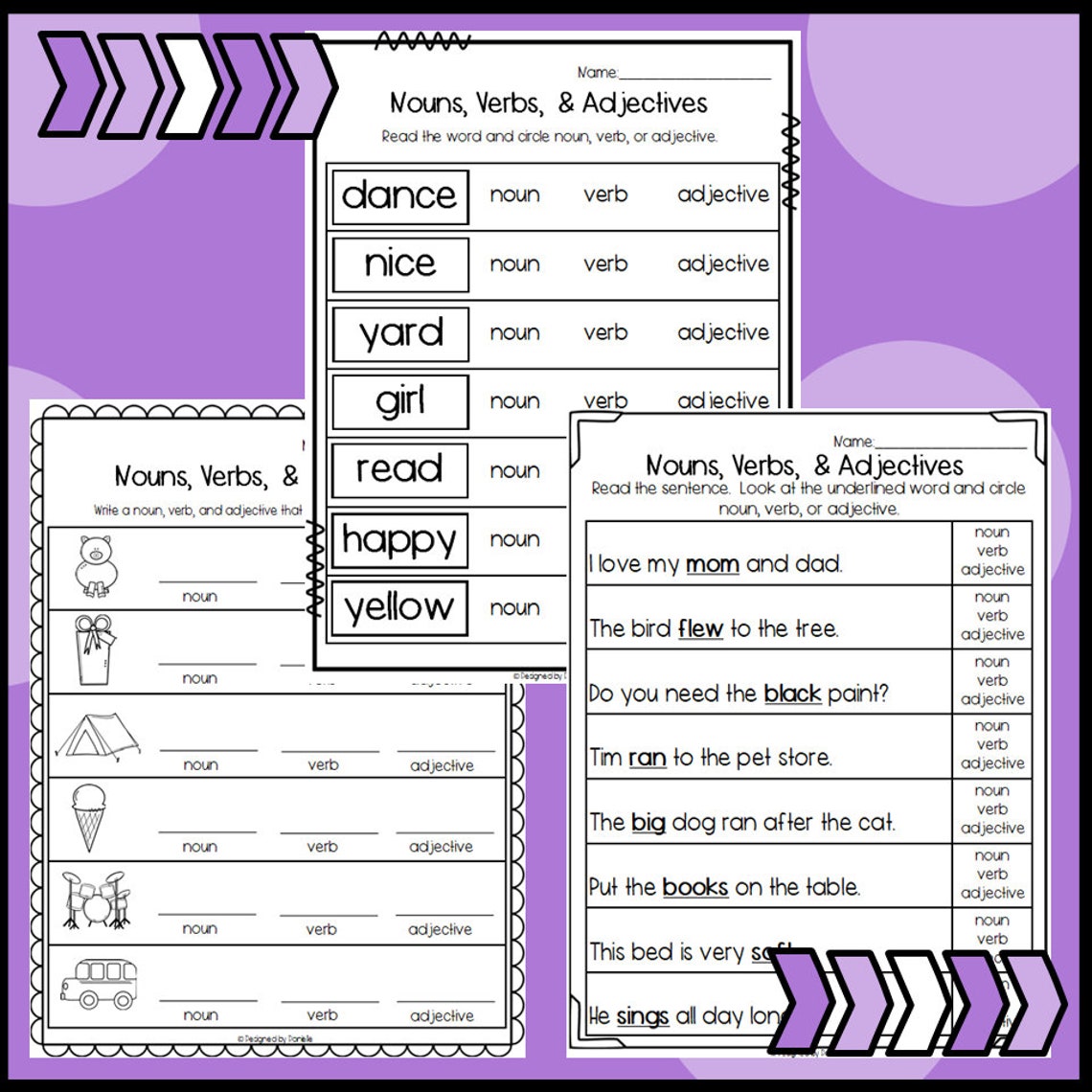 Nouns Verbs and Adjectives Sorts and Worksheets: Printable - Etsy