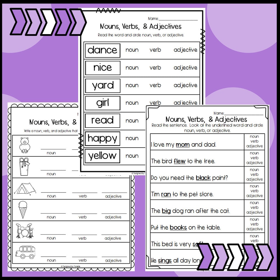 Nouns, Verbs, and Adjectives Sorts and Worksheets: Printable Sheets ...