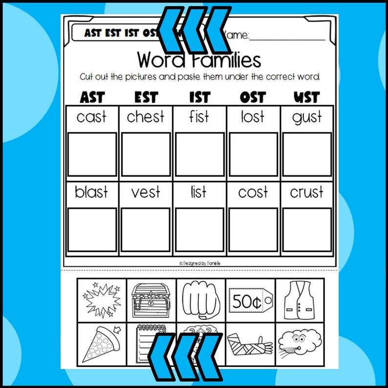 Word Families Cut and Paste Phonics Worksheets: Printable First Grade ...