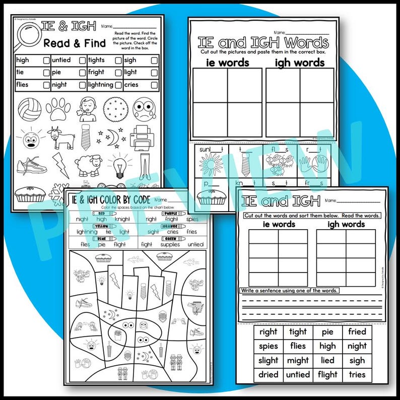 IE and IGH Worksheets: Long I Sorts, Cloze, I Spy, Color by Code ...