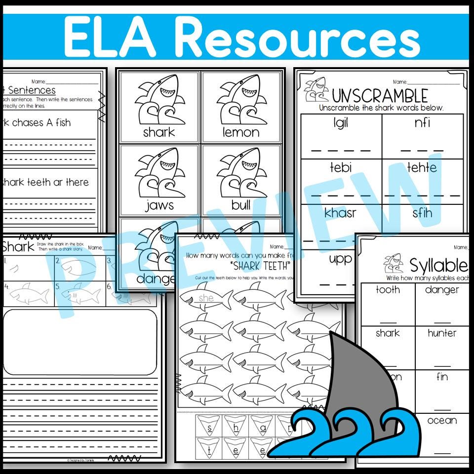 Shark Day Themed Activities and Worksheets: Back to School Review Math ...