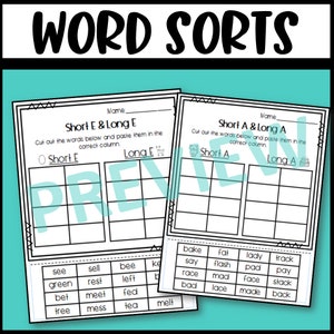 Long and Short Vowel Sorts A, E, I, O, and U: Kindergarten First Grade ...