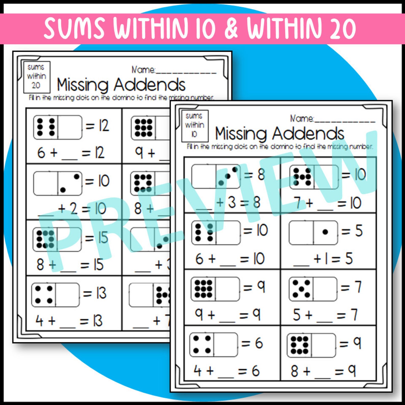 Missing Addend Worksheets: Dominoes, Part- Part- Whole, and Equation ...