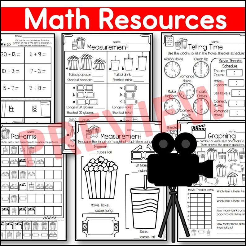 Movie Day Themed Activities and Worksheets: Back to School Review Math ...
