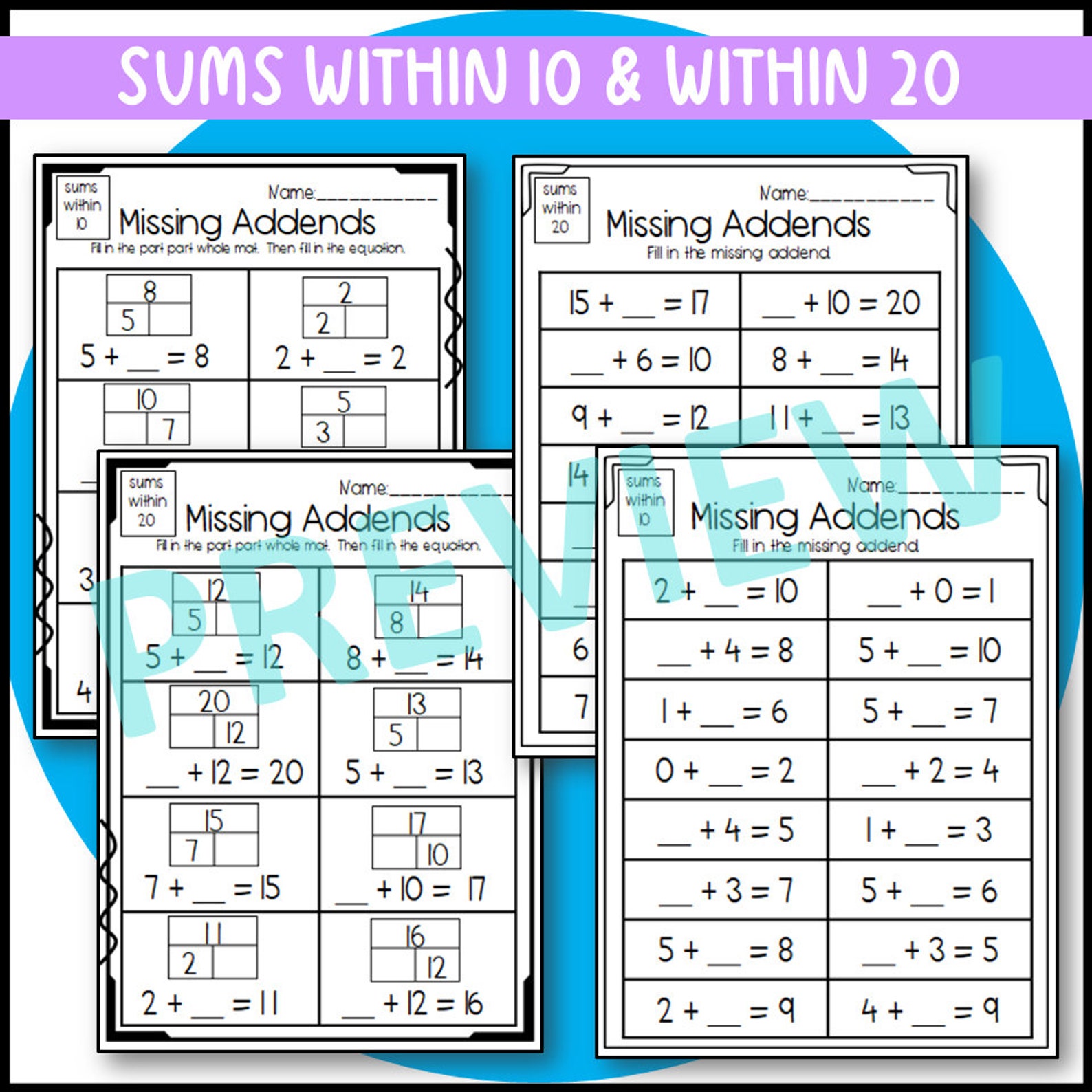 Missing Addend Worksheets: Dominoes, Part- Part- Whole, and Equation ...