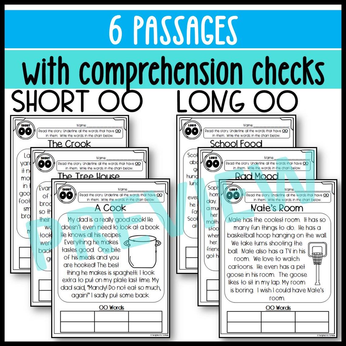 OO Sound Reading Passages With Comprehension Questions for Kindergarten ...