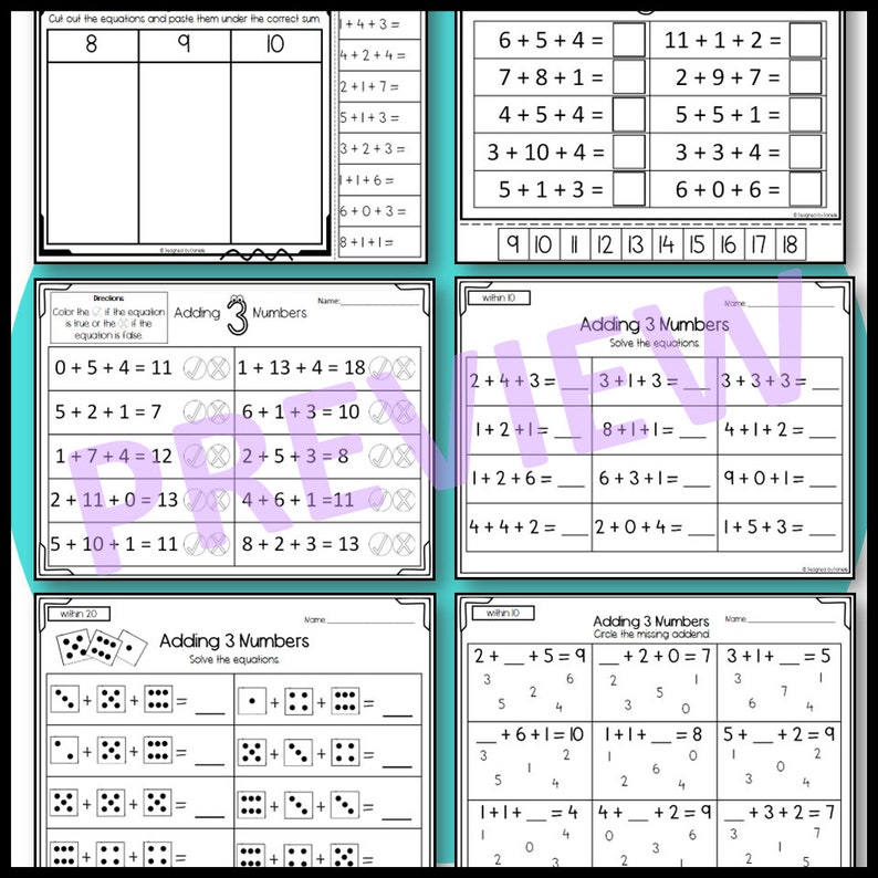 Adding 3 Numbers: Worksheets, Number Line, Word Problems Printable ...