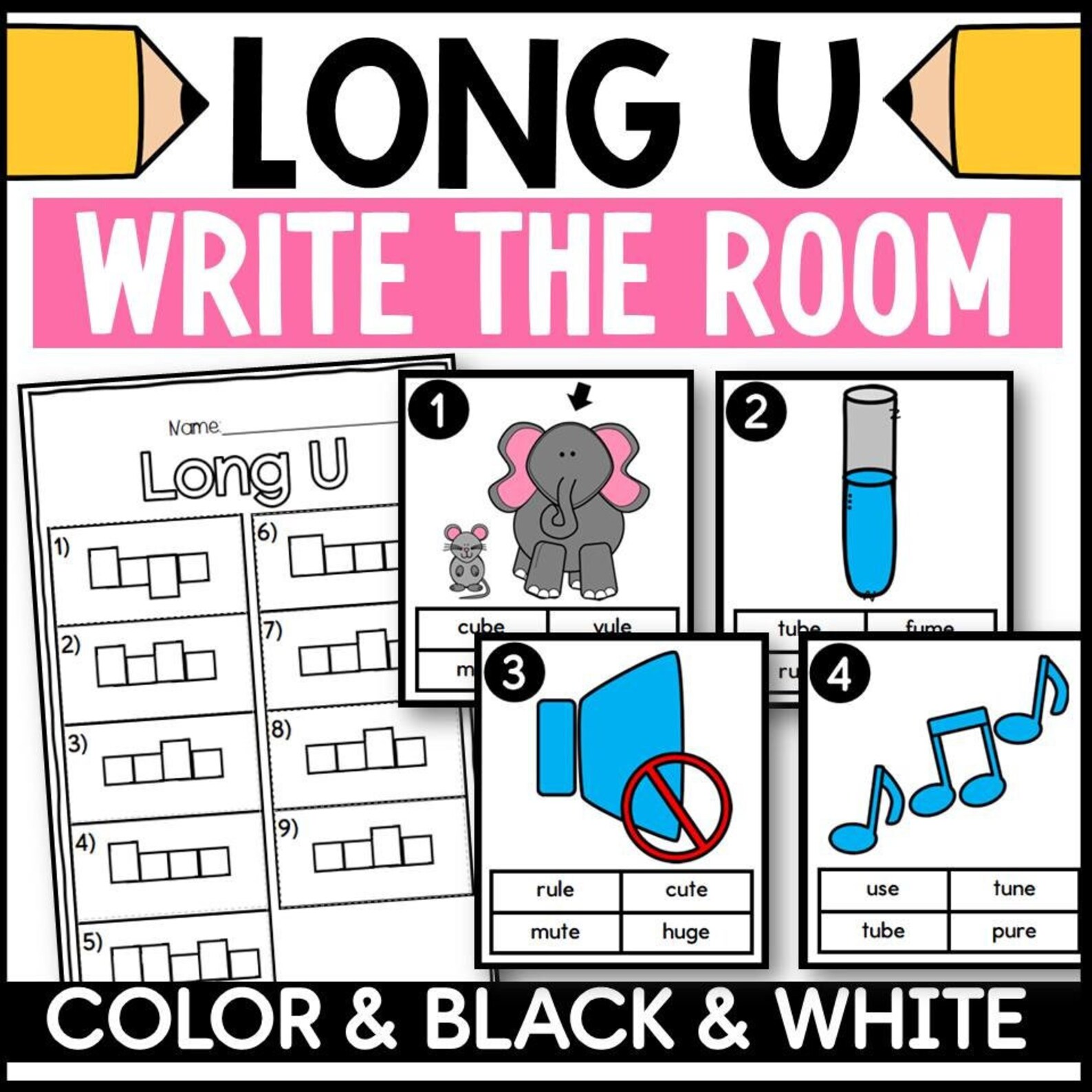 Long U Write the Room: Long Vowel U With a Silent E Words Task Cards ...