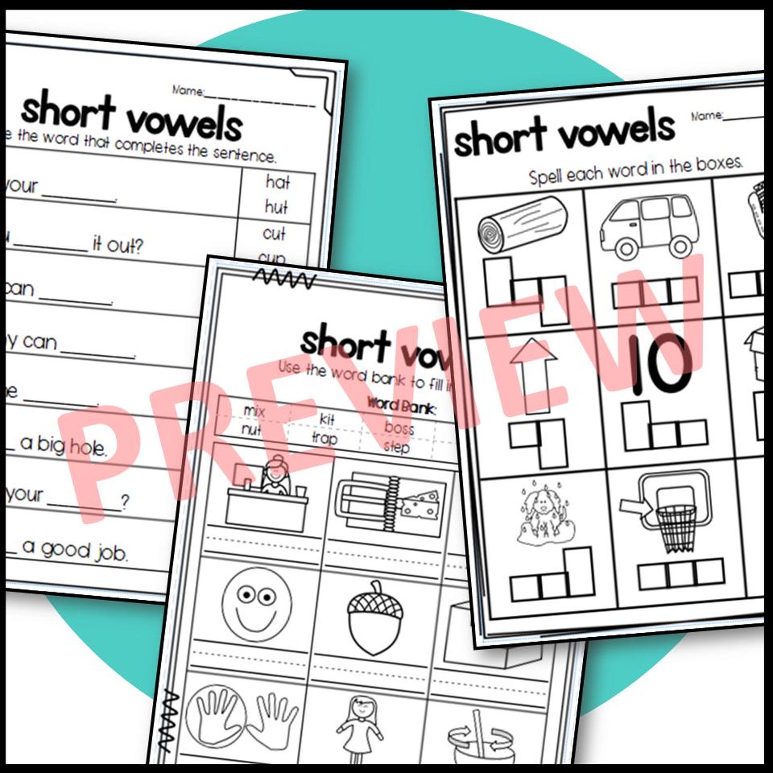 Short Vowel Worksheets: A E I O and U Practice Kindergarten, First ...