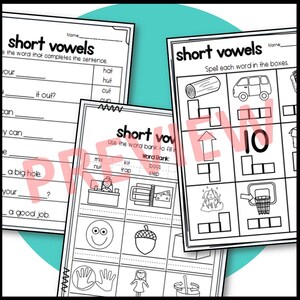Short Vowel Worksheets: A E I O and U Practice Kindergarten, First ...